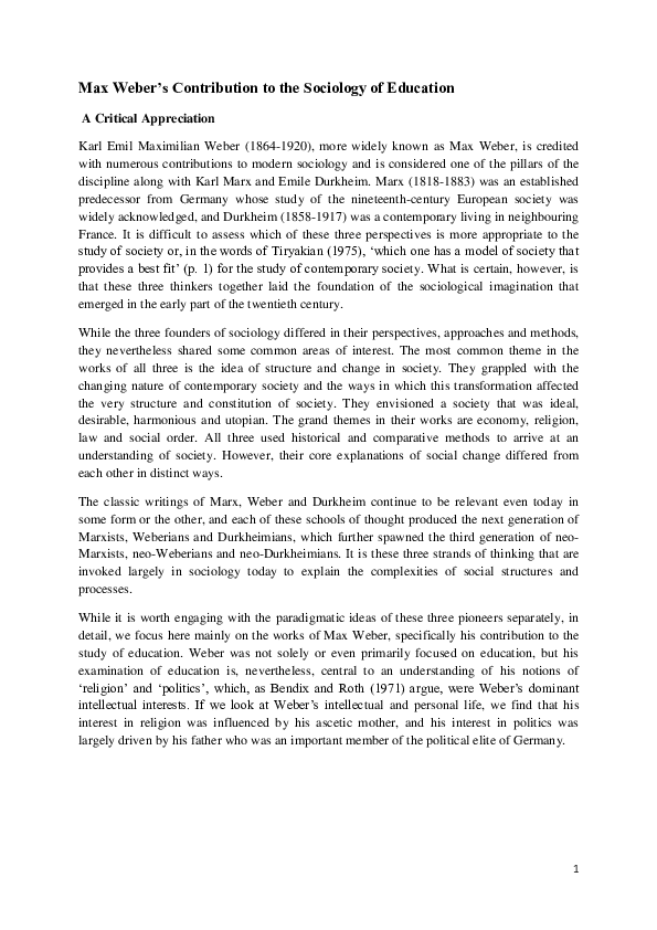 (PDF) Max Weber’in Eğitim Sosyolojisine Katkıları/Max Weber's ...