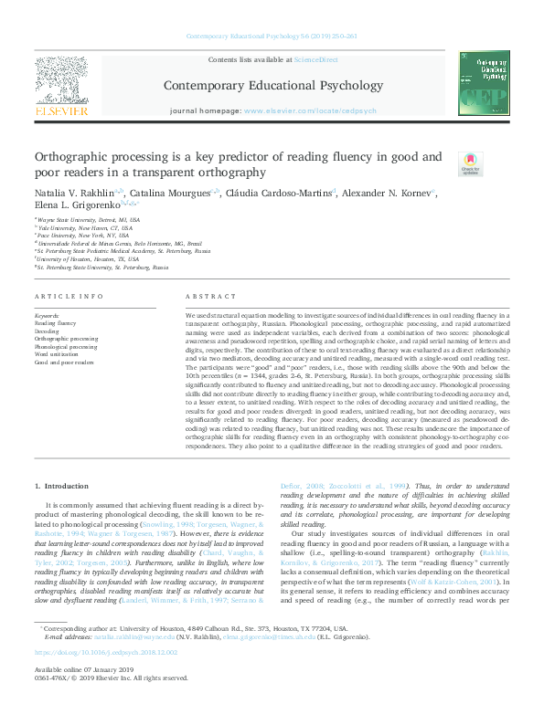 (PDF) Orthographic processing is a key predictor of reading fluency in ...