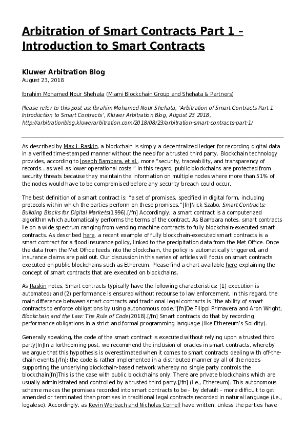 (PDF) Arbitration of Smart Contracts Part 1 - Introduction to Smart ...