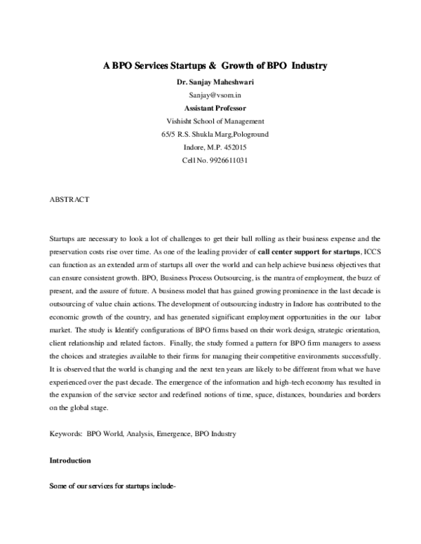 (DOC) A BPO Services Startups & Growth of BPO Industry | Dr. Sanjay ...