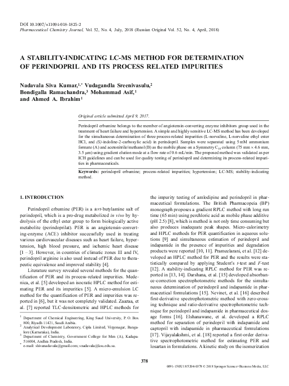 (PDF) A STABILITY-INDICATING LC-MS METHOD FOR DETERMINATION OF PERINDOPRIL AND ITS PROCESS ...