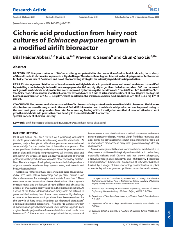 (PDF) Cichoric acid production from hairy root cultures of Echinacea ...
