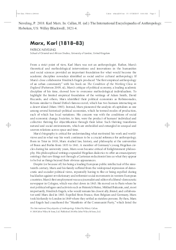 (PDF) Karl Marx - International Encyclopaedia of Anthropology