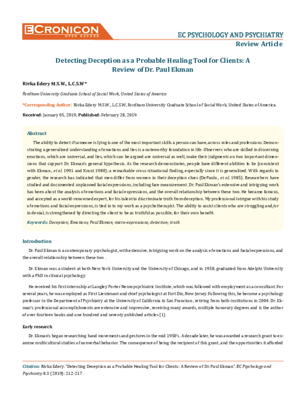 (PDF) Detecting Deception as a Probable Healing Tool for Clients: A Review of Dr. Paul Ekman.