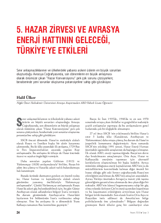 (PDF) 5. Hazar Zirvesi ve Avrasya Enerji Hattının Geleceği, Türkiye’ye ...