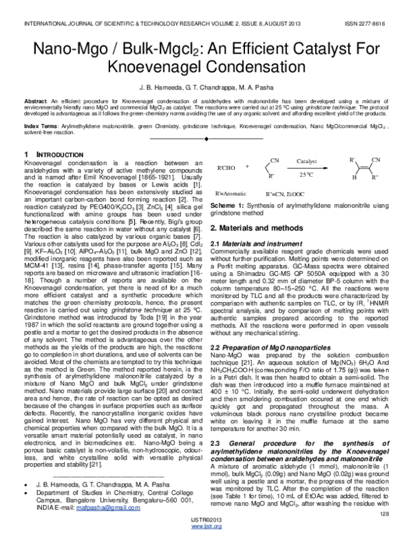 (PDF) Nano-Mgo / Bulk-Mgcl 2 : An Efficient Catalyst For Knoevenagel ...