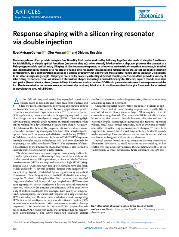(PDF) Response shaping with a silicon ring resonator via double injection