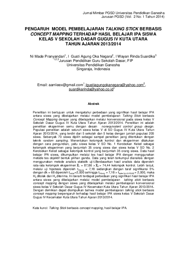 (PDF) PENGARUH MODEL PEMBELAJARAN TALKING STICK BERBASIS CONCEPT MAPPING TERHADAP HASIL BELAJAR ...