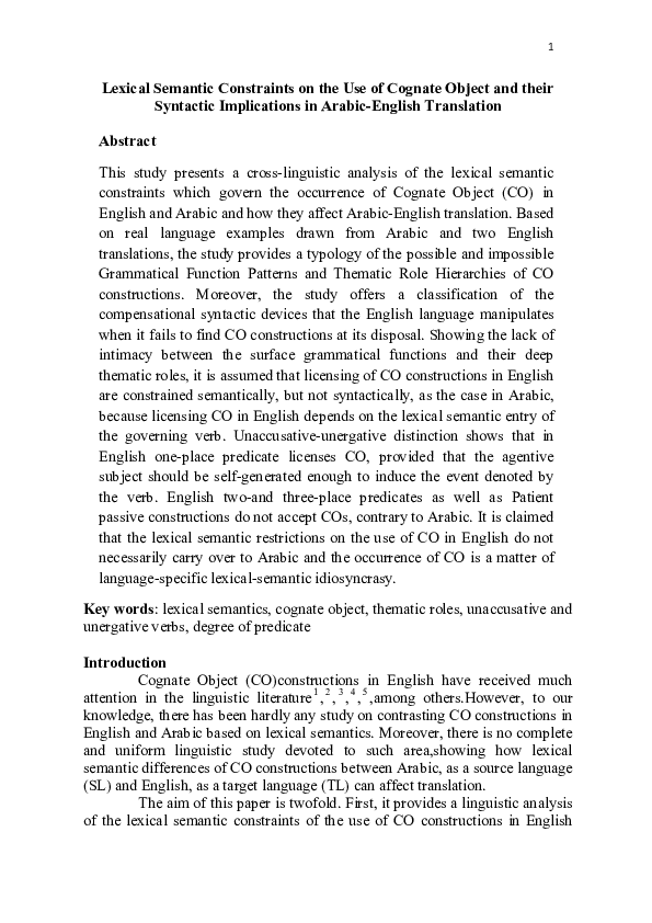 Pdf Lexical Semantic Constraints On The Use Of Cognate Object And Their Syntactic Implications