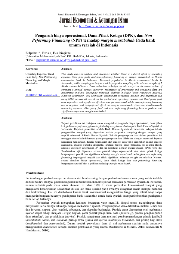(PDF) Pengaruh biaya operasional, Dana Pihak Ketiga (DPK), dan Non Peforming Financing (NPF ...