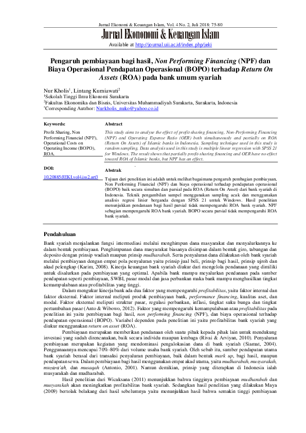 (PDF) Pengaruh pembiayaan bagi hasil, Non Performing Financing (NPF) dan Biaya Operasional ...