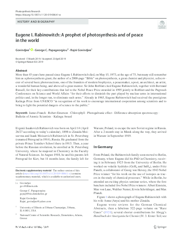 (PDF) HISTORY AND BIOGRAPHY Eugene I. Rabinowitch: A prophet of ...