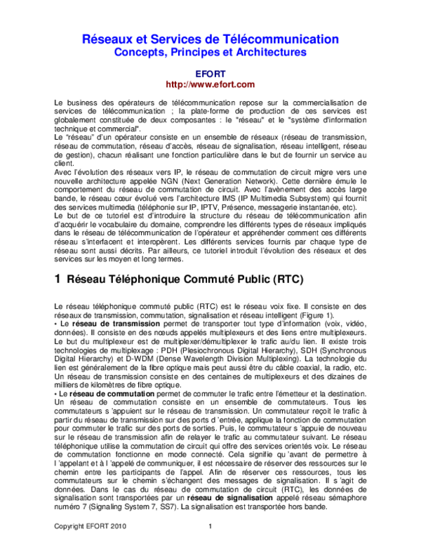 (PDF) Réseaux et Services de Télécommunication