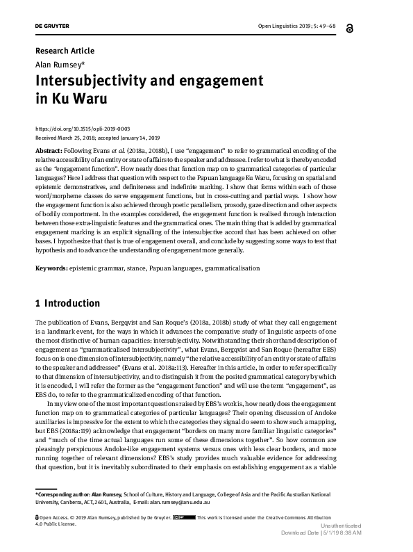 (PDF) Intersubjectivity and engagement in Ku Waru
