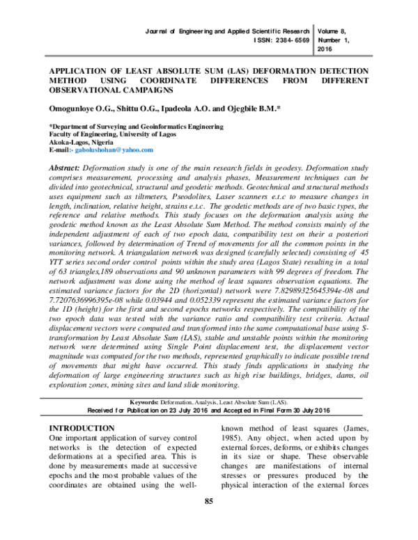 (PDF) 85 APPLICATION OF LEAST ABSOLUTE SUM (LAS) DEFORMATION DETECTION METHOD USING COORDINATE ...