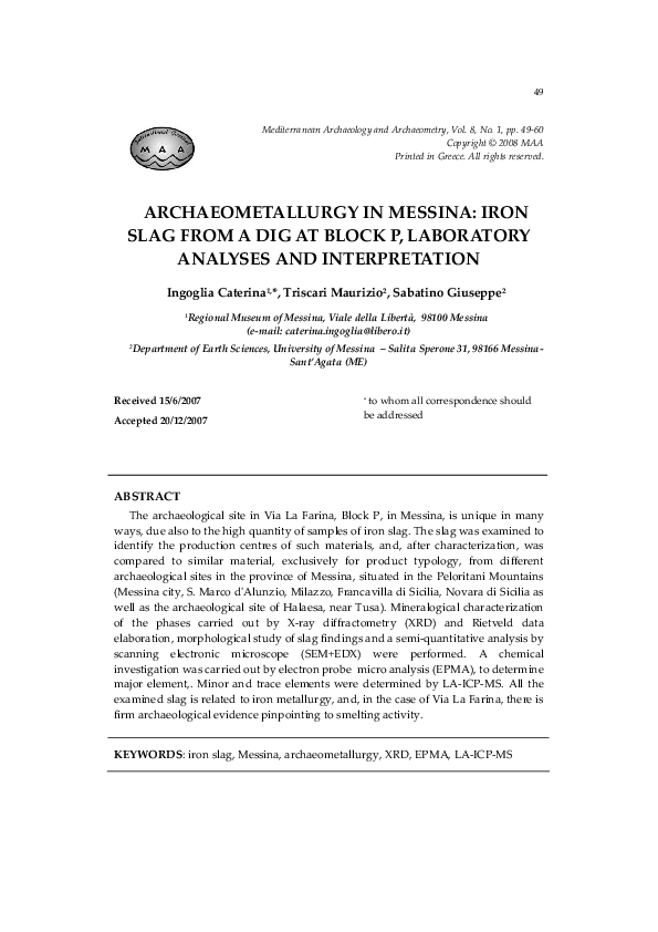 (PDF) ARCHAEOMETALLURGY IN MESSINA: IRON SLAG FROM A DIG AT BLOCK P ...