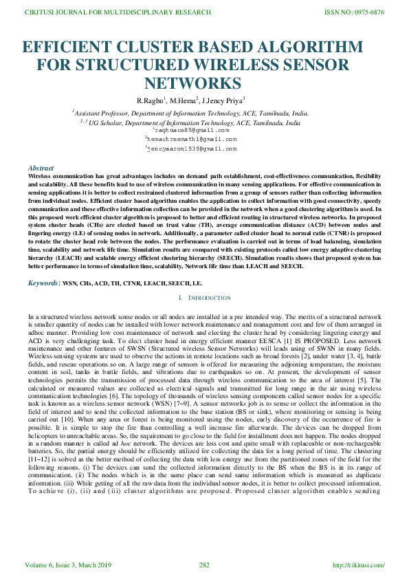 Pdf Efficient Cluster Based Algorithm For Structured Wireless Sensor