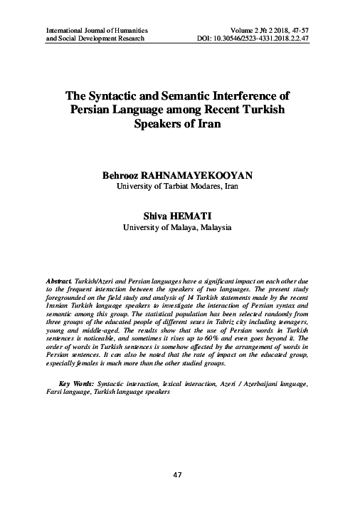 (PDF) The Syntactic and Semantic Interference of Persian Language among Recent Turkish Speakers ...