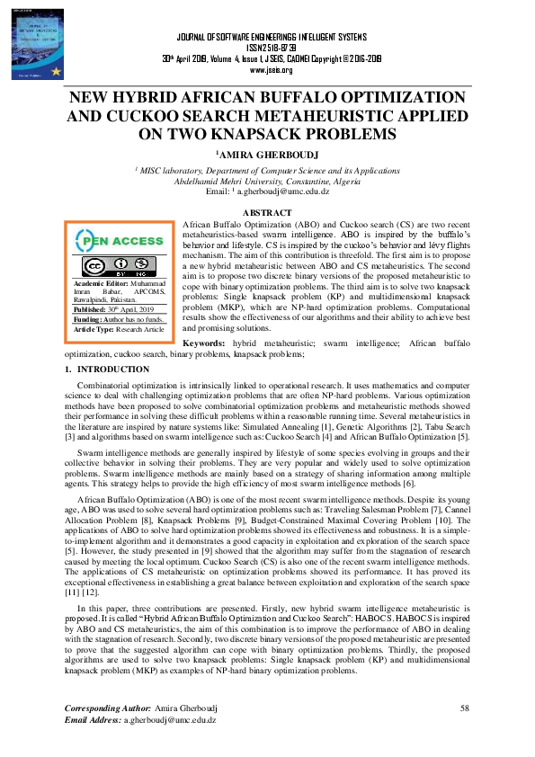 Pdf New Hybrid African Buffalo Optimization And Cuckoo Search Metaheuristic Applied On Two