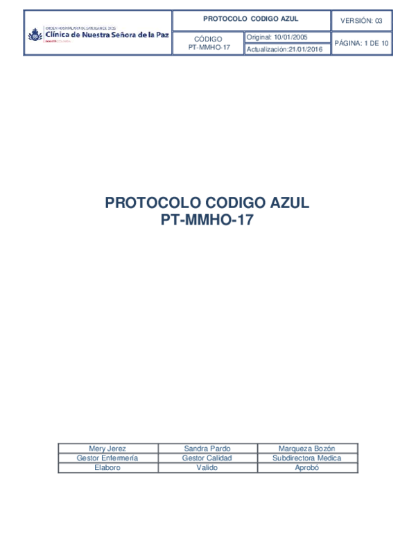 (PDF) PROTOCOLO CODIGO AZUL PROTOCOLO CODIGO AZUL PT-MMHO-17