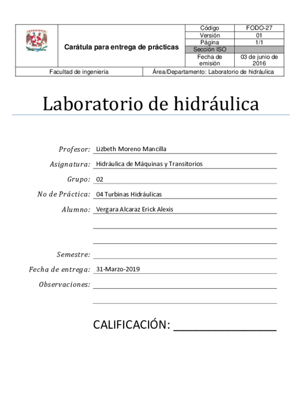 (PDF) Carátula para entrega de prácticas Laboratorio de hidráulica Observaciones