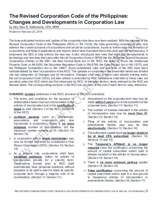 (PDF) THE REVISED CORPORATION CODE: CHANGES AND DEVELOPMENTS IN ...