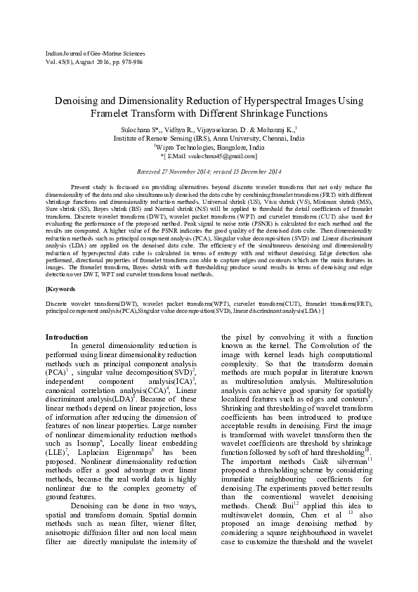 Pdf Denoising And Dimensionality Reduction Of Hyperspectral Images Using Framelet Transform