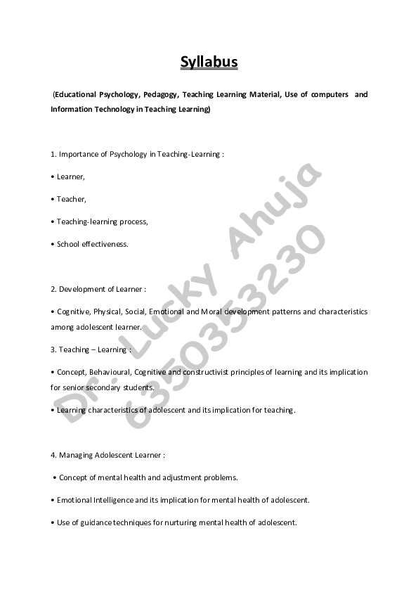 (PDF) Syllabus (Educational Psychology, Pedagogy, Teaching Learning ...