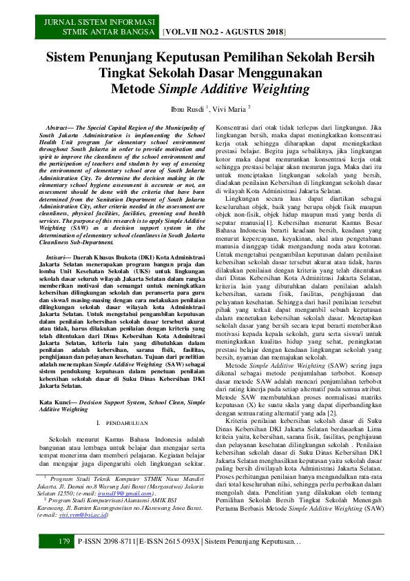 (PDF) Sistem Penunjang Keputusan Pemilihan Sekolah Bersih Tingkat Sekolah Dasar Menggunakan ...
