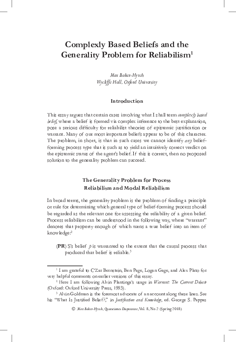 (PDF) Complexly Based Beliefs and the Generality Problem for Reliabilism