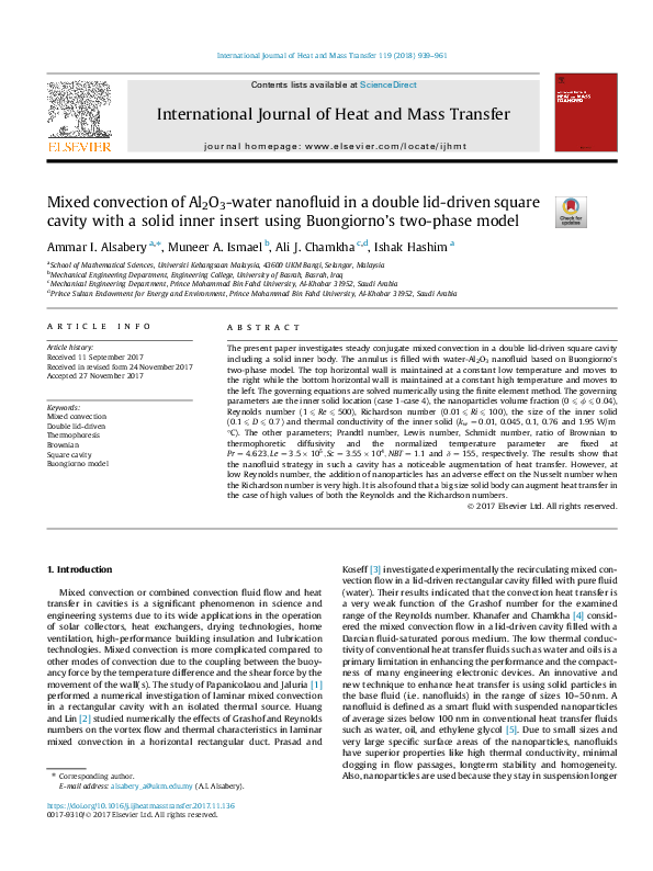 Pdf Mixed Convection Of Al 2 O 3 Water Nanofluid In A Double Lid Driven Square Cavity With A