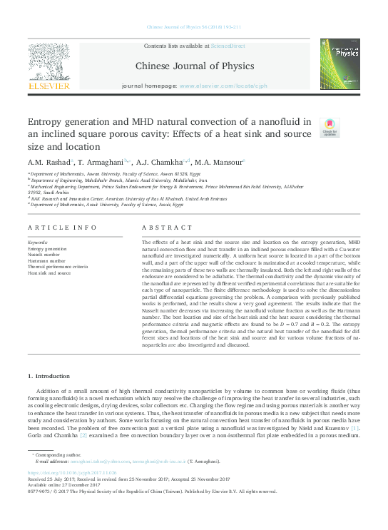(PDF) Entropy generation and MHD natural convection of a nanofluid in an inclined square porous ...