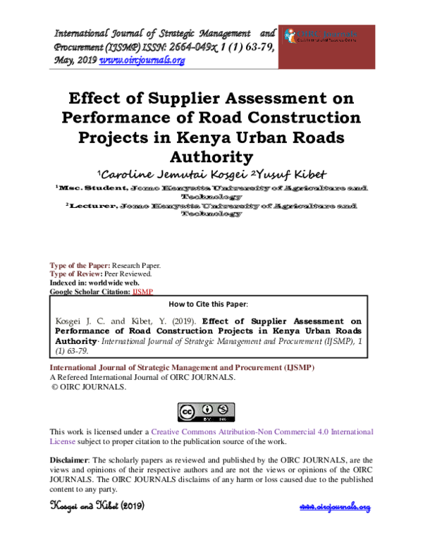 (PDF) Effect of Supplier Assessment on Performance of Road Construction ...