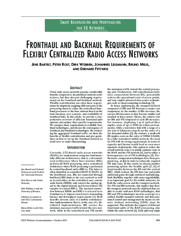 (PDF) Fronthaul and backhaul requirements of flexibly centralized radio ...
