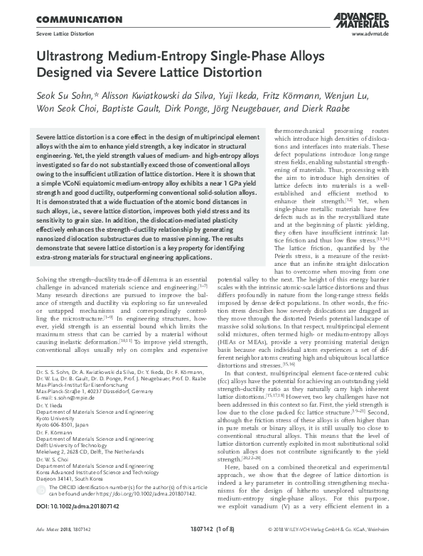 (PDF) CommuniCation 1807142 (1 of 8) Ultrastrong Medium-Entropy Single ...