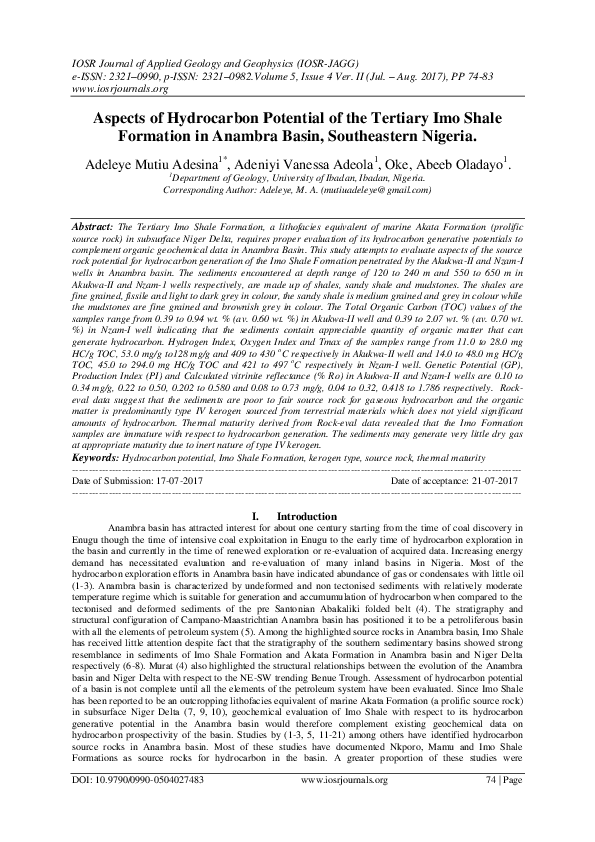 (PDF) Aspects of Hydrocarbon Potential of the Tertiary Imo Shale ...