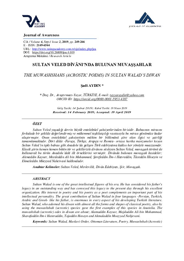 (PDF) SULTAN VELED DİVÂNI'NDA BULUNAN MUVAŞŞAHLAR The Muwashshahs ...