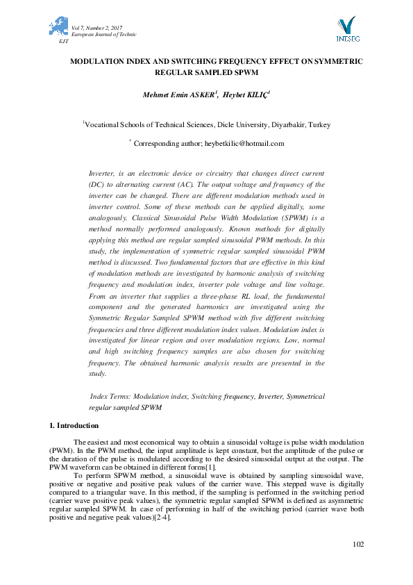 Pdf Modulation Index And Switching Frequency Effect On Symmetric