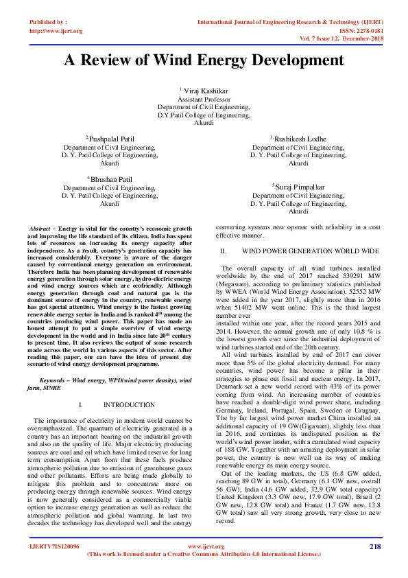 (PDF) IJERT-A Review of Wind Energy Development | IJERT Journal - Academia.edu