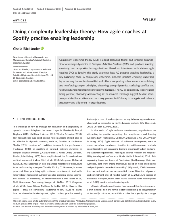 (PDF) Doing complexity leadership theory: How agile coaches at Spotify ...