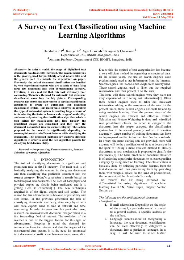 Pdf Ijert A Survey On Text Classification Using Machine Learning Algorithms Ijert Journal