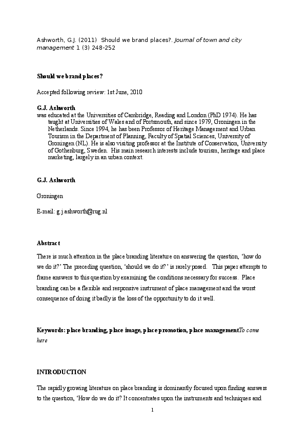 (DOC) should we brand places? | Gregory Ashworth - Academia.edu