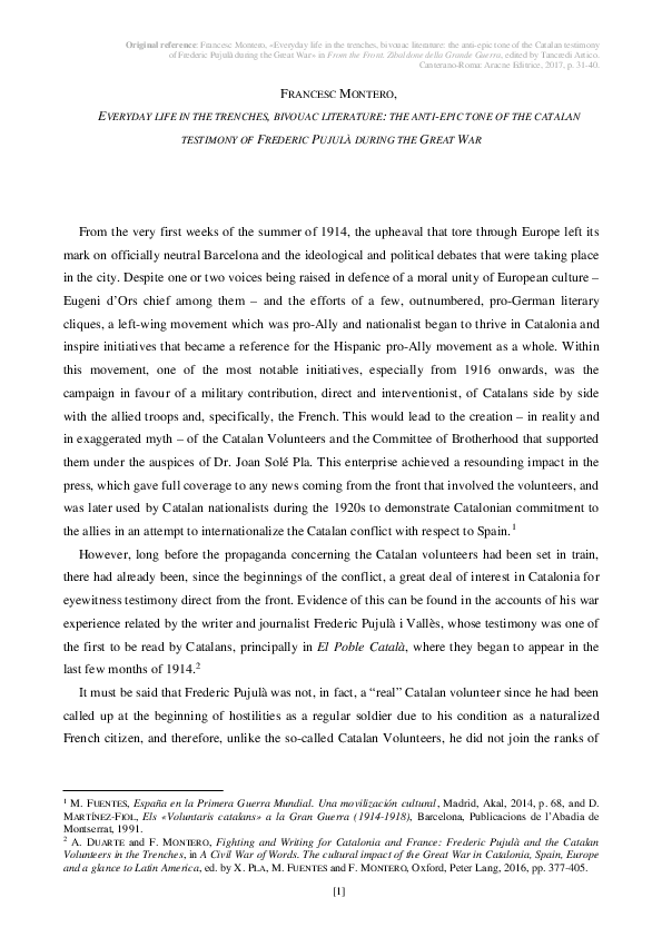 (PDF) Everyday Life in WWI: Pujulà's Anti-epic Catalan Testimony