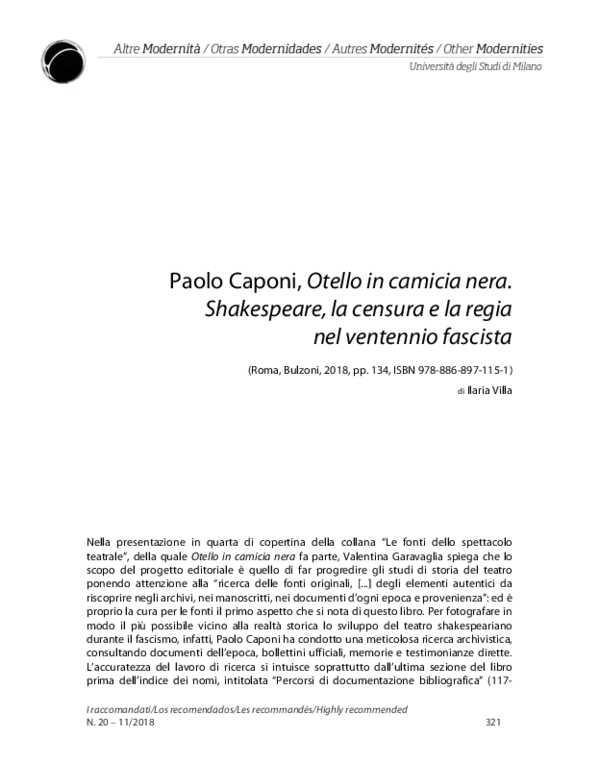 (PDF) Paolo Caponi, Otello in camicia nera. Shakespeare, la censura e la regia nel ventennio ...