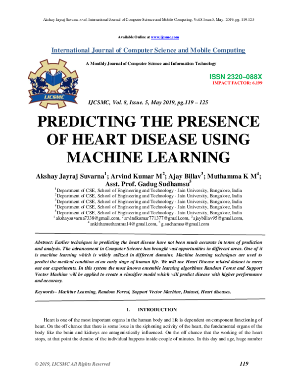 (PDF) PREDICTING THE PRESENCE OF HEART DISEASE USING MACHINE LEARNING