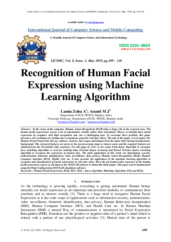 Pdf Recognition Of Human Facial Expression Using Machine Learning Algorithm﻿ Ijcsmc Journal