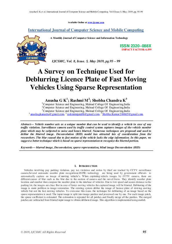 (PDF) A Survey on Technique Used for Deblurring Licence Plate of Fast Moving Vehicles Using ...