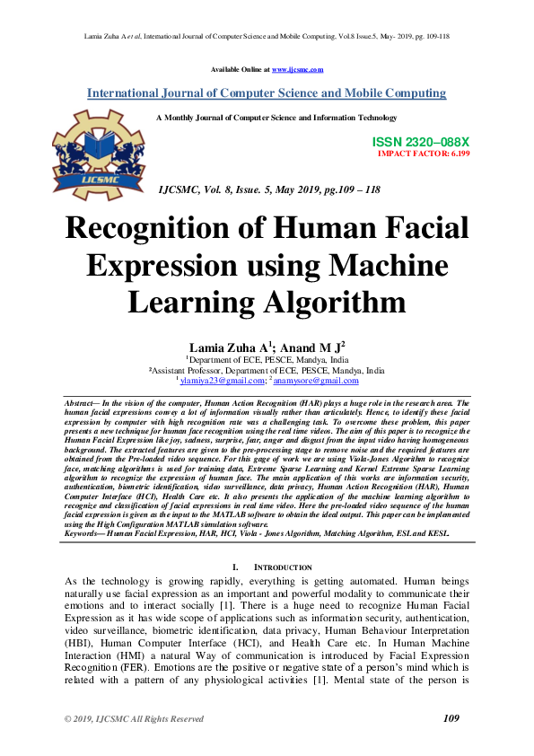 (PDF) Recognition of Human Facial Expression using Machine Learning ...