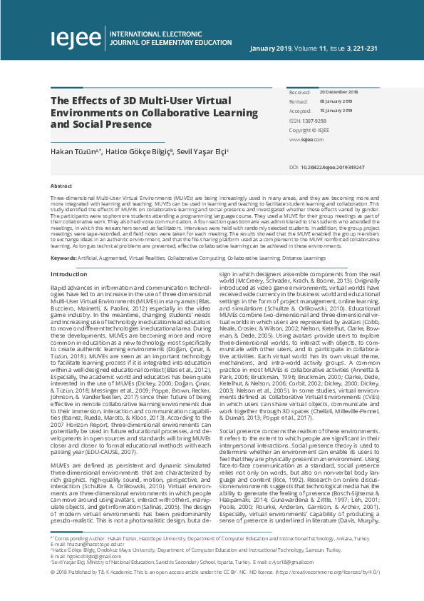 (PDF) The effects of 3D multi-user virtual environments on collaborative learning and social ...