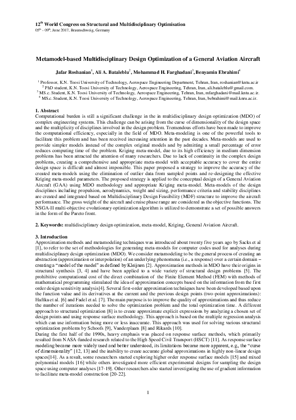 (PDF) Metamodel-based Multidisciplinary Design Optimization of a General Aviation Aircraft